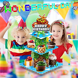 3-Tier Pixel Game Style Cupcake Stand,Mining Birthday Party Decoration Cardboard Cupcake Stand, Dessert Holder Display for Birthday Party Supplies