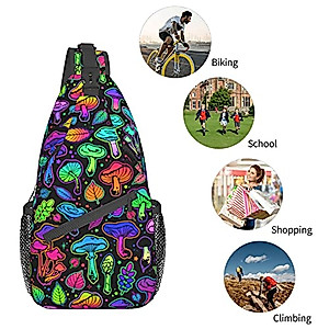 Junong Colorful Trippy Mushroom Sling Bag Crossbody Sling Backpack Travel Hiking Chest Bags Shoulder Sports Daypack for Women Men