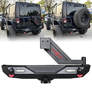 TIOYAR Rear Bumper Off-Road Compatible with 2007-2017 Jeep Wrangler JK & JKU w/Tire Carrier Linkage & LED Lights