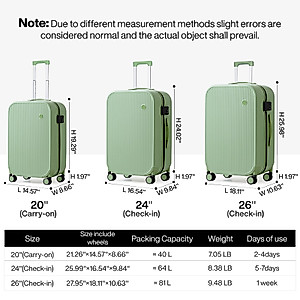 mixi Hardside PC Suitcase 26 Inch Checked Luggage Spinner Wheels TSA with Cover, Avocado Green