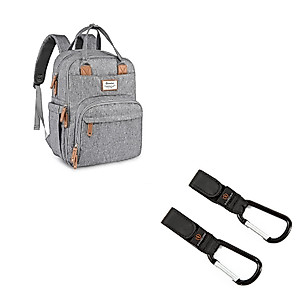 RUVALINO Diaper Bag Backpack, Stroller Hooks, Multifunction Travel Baby Back Pack with Changing Pad, Universal Stroller Clips for Mom Girls