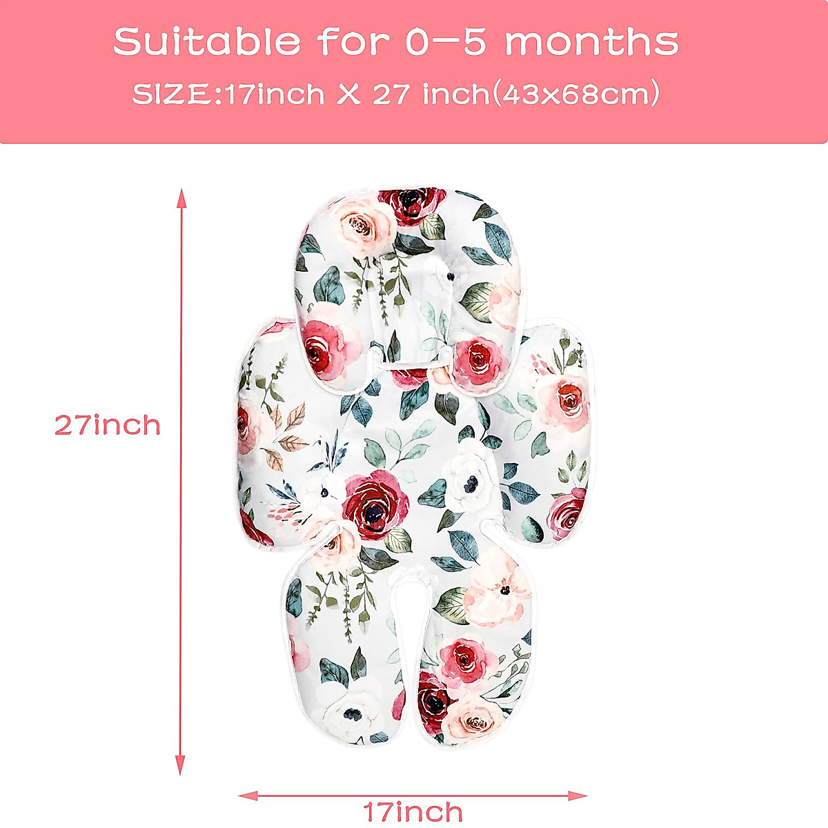 CARUILI 2-in-1 Infant Car Seat Insert for Newborn, Car Seat Head Support Baby Girls Boys, Extra Soft Preemie Carseat Head Support Cushion Pillow for Baby Car Seats, Strollers, Bouncers, Floral