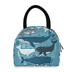 senya Lunch Bag, Sea Animal Whale Coral Blue Insulated Lunch Box Cooler Bag Tote Bag for Women Kids/Picnic/School/Work