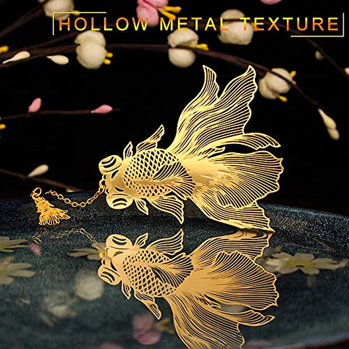 LELE LIFE 2Pack Exquisite Hollow Metal Bookmark Box, Goldfish and Lotus Pendant Book Marker, Copper Bookmark Brass Bookmark with Chain, Reading Bookmark, Style A