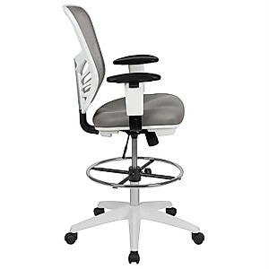 Flash Furniture Tyler Mid-Back Light Gray Mesh Ergonomic Drafting Chair with Adjustable Chrome Foot Ring, Adjustable Arms and White Frame