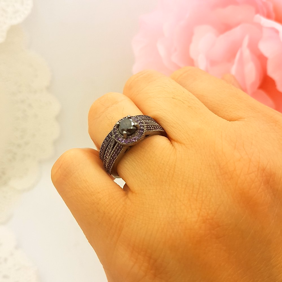 Dazzlingrock Collection Black Rhodium Plated 10K Round Amethyst & Black Diamond Halo Wedding Ring Set in 10K White Gold, Size 7