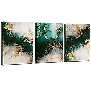 Emerald Green Wall Art,for Dining Room Bedroom Bathroom Living Room Wall Decor, Green and Gold Abstract Canvas Wall Art, Modern Glam Home Office Wall Decoration 12" X 16" X 3 Pieces