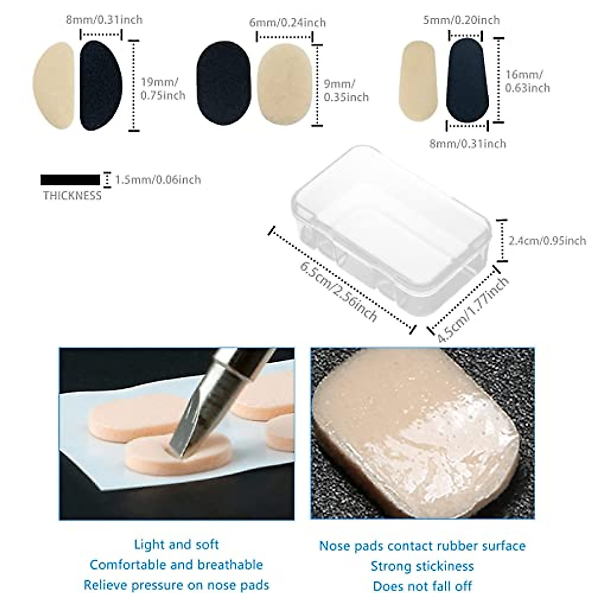 Eyeglass Repair Kit.24Pairs Glasses Nose Pads,Adhesive Anti Slip Nose Pads Relieve Pressure for Eyeglasses and Sunglasses(Black,Skin Tone,3 Shape,1.5mm).1Pcs Eyeglass Nose Pads Storage Box(Clear)