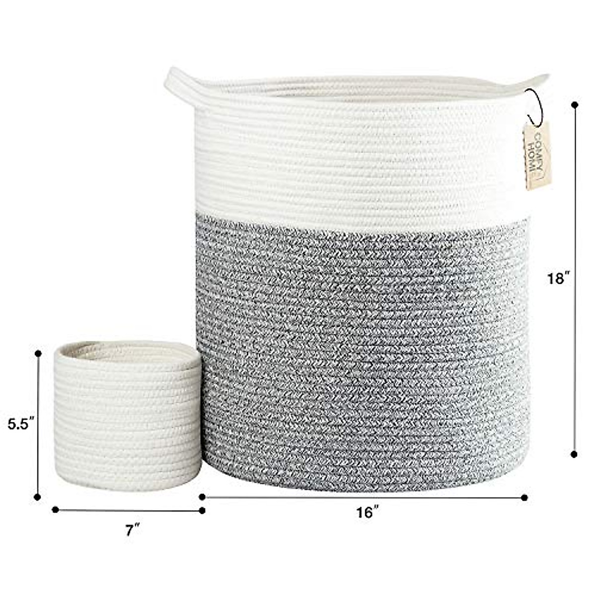 Laundry Basket 2pc by COMFY-HOMI Large Basket 18"X16" Tall Woven Cotton rope Basket with Handles Decorative Basket for Blankets Round Storage Basket for living room,Clothes,Pillows,Towels (White Grey)
