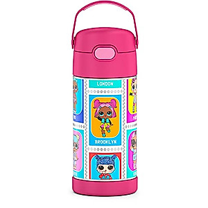 THERMOS FUNTAINER 12 Ounce Stainless Steel Vacuum Insulated Kids Straw Bottle, L.O.L Surprise & FUNTAINER 10 Ounce Food Jar, Pink with Spoon