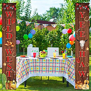 Funnytree Western Cowboy Yee Haw Theme Porch Sign Door Cover Banner for Wild West Cowgirl Birthday Welcome Party Supplies Decorations Flag Hanging Home Wall Decor Sign 11.8x70.9 Inch 2PCS
