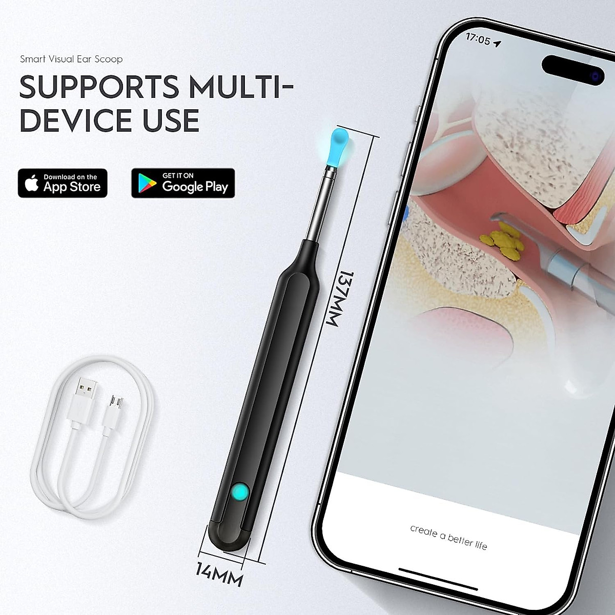 Earwax Camera Ear Camera Otoscope Cleaner, Oxbird 1080P Wireless Ear Wax Removal Kit Smart Ear Cleaner with Camera and Light for iPhone, Ipad & Android Smart Phones (Black)