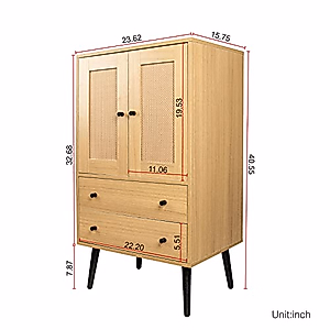 Hcman Sideboard Buffet Cabinet with Storage, Rattan Cabinet with Wooden Legs & 2 Drawers for Entryway, Living Room, Kitchen, Dining Room