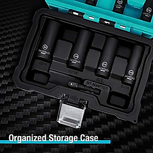 DURATECH 10-Piece 3/8" Drive 6 Point Deep Impact Socket Set, Including 8PCS Deep Impact Sockets in SAE Sizes (5/16", 3/8", 7/16", 1/2", 9/16", 5/8", 11/16", 3/4") & 2PCS 1/4" Hexagon Extension Bars