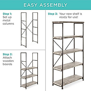 Best Choice Products 5-Tier Rustic Industrial Bookshelf Display Décor Accent for Living Room, Bedroom, Office w/Metal Frame, Wood Shelves - Gray