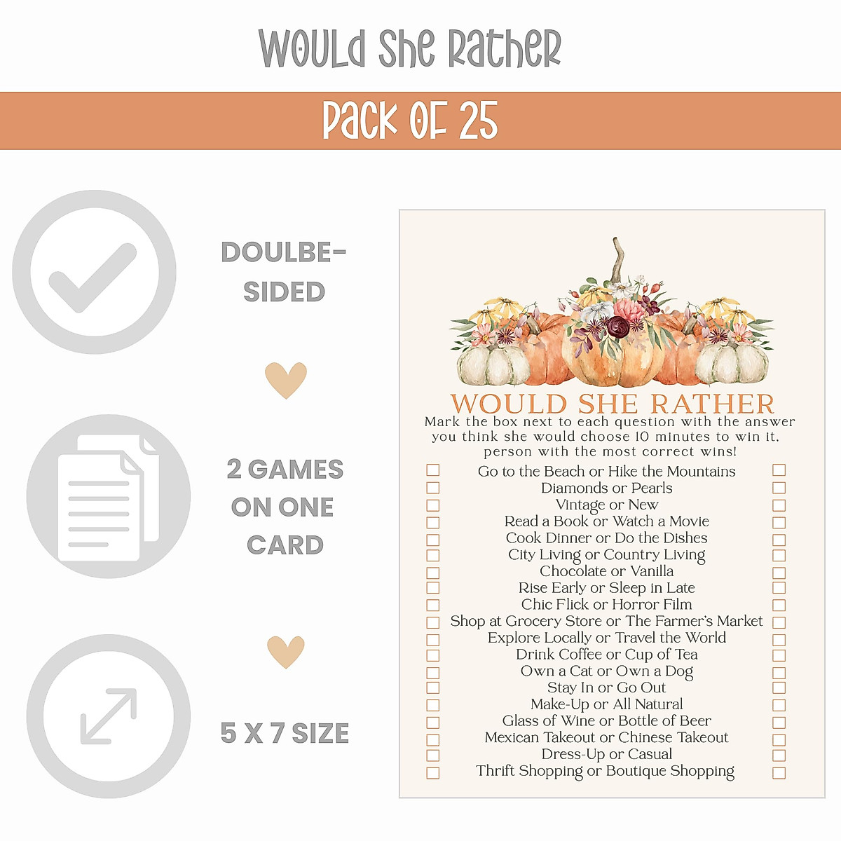 Paper Clever Party Rustic Pumpkin Bridal Shower Games Pack - 25 Guests, 5x7 Size, Premium Quality Cardstock, Fall Theme, Who Knows The Bride Best & Would She Rather, Autumn Wedding Shower Games