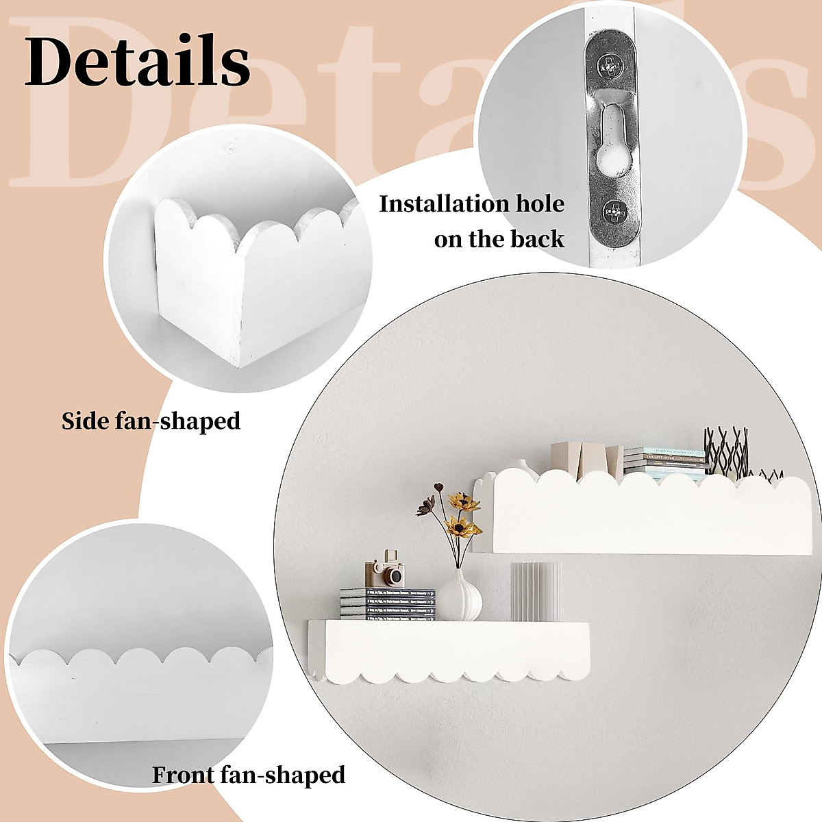 BOUTICOL 2 PCS Scalloped Shelves Kids Bookshelf Nursery Bookshelf Wooden Kids Bookshelf Kids Floating Shelves Scalloped Edges Bookshelf Montessori Bookshelf White Shelves for Kids Room（White）