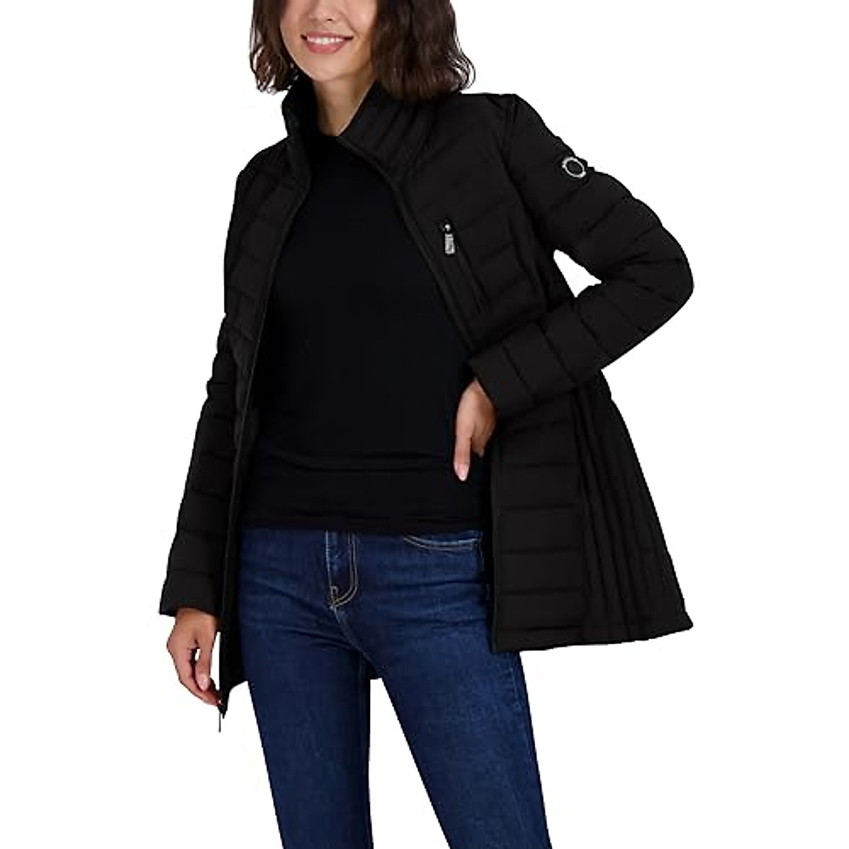 Nautica Women's 3/4 Midweight Stretch Puffer Jacket with Hood, Black, X-Small
