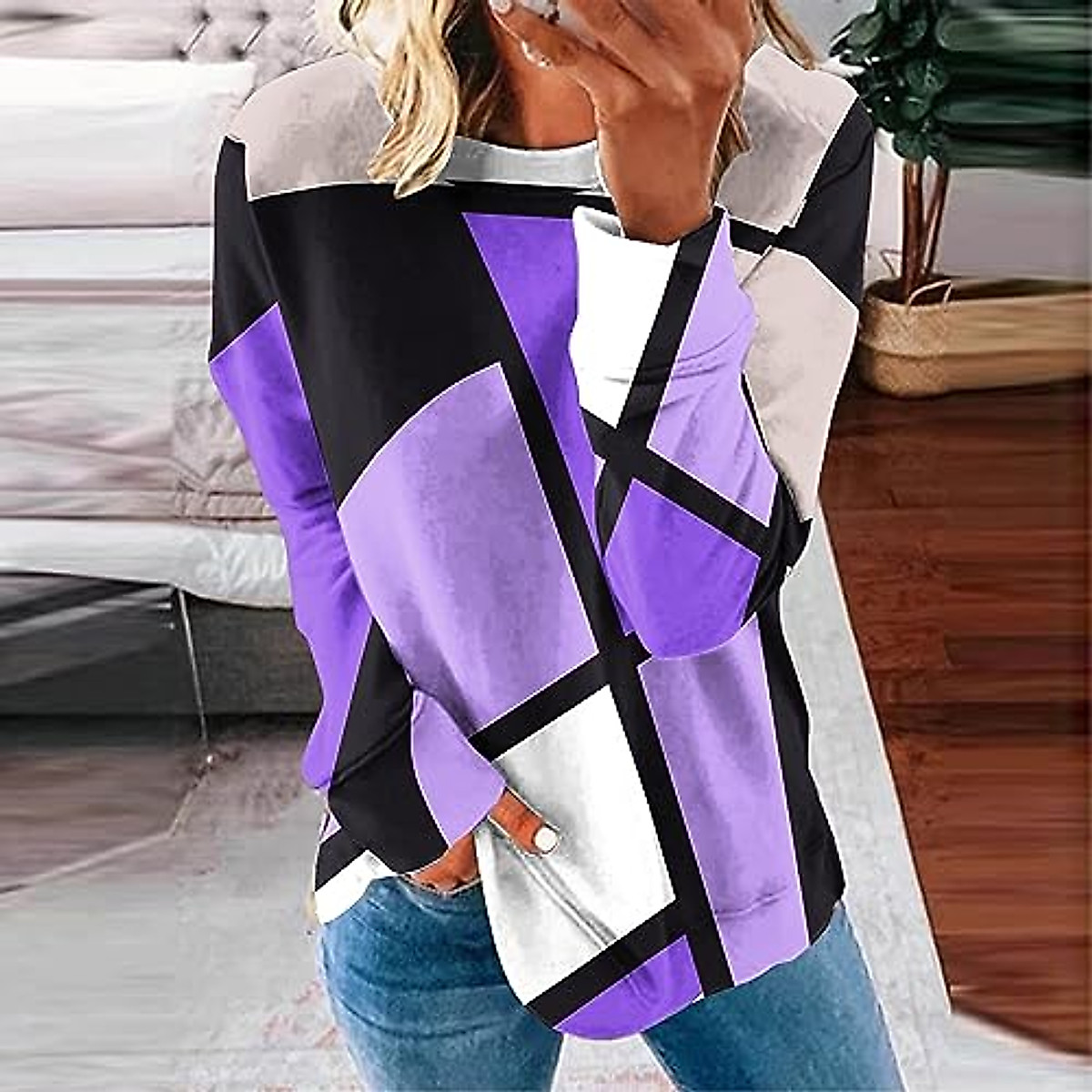Comigeewa Womens Tops 2023,Sudaderas de manga larga con cuello redondo y gráfico geométrico para mujer,cómodas de otoño, camisas básicas capucha,B1*Purple,XX-Large