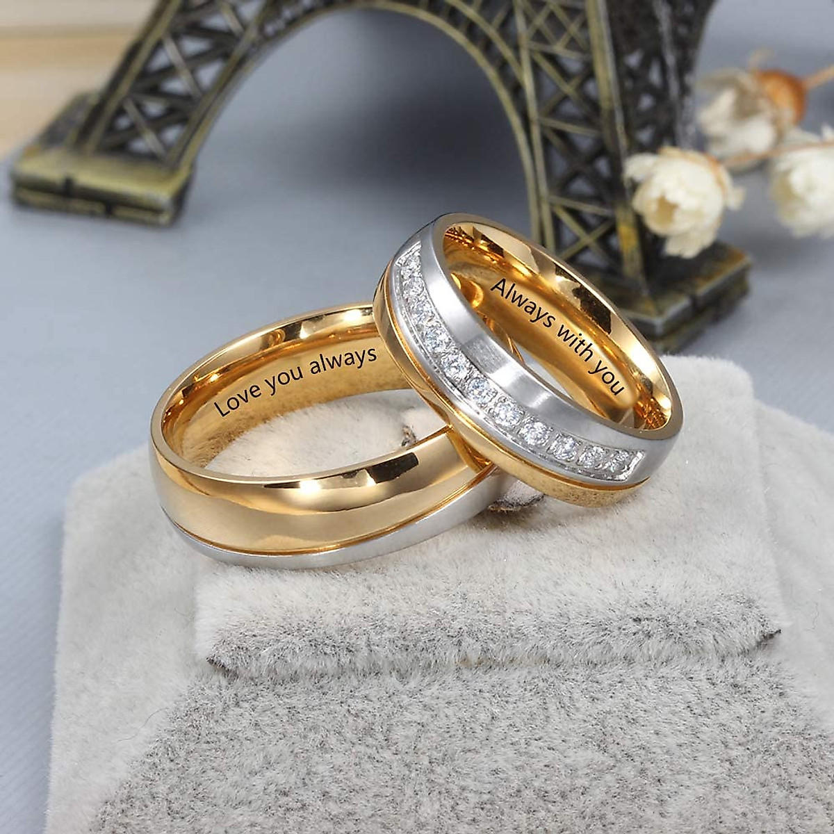 Molywoo Personalized Couple Ring Bands for Women Men Couple Wedding Rings Set for Him and Her Stainless Steel Engagement Promise Mens Women’s Rings (Couple Ring Set-Gold)