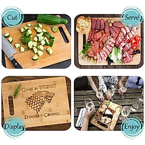 Game of Thrones Dinner is Coming Laser Engraved Bamboo Wood Cutting Board with Handle 9.5 x 13" Funny Gift House Stark