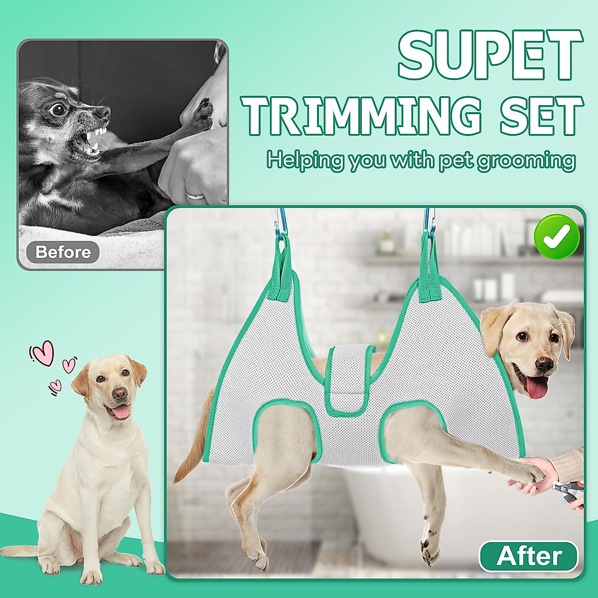 Supet Dog Grooming Hammock Harness for Small Dogs, Relaxation Dog Sling for Nail Trimming with Thick Fabric Back Support, Helper Dog Hammock for Nail Trimming Clipping