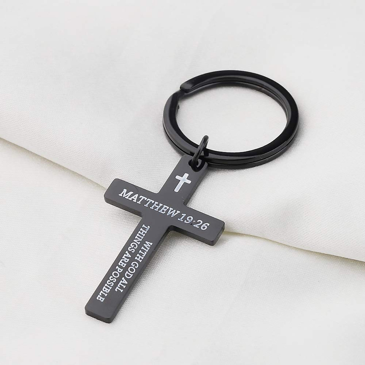 KUIYAI Matthew 19:26 with God All Things are Possible Cross Religious Keychain Christian Gift Bible Verse Inspirational Keyring (Black keychain)