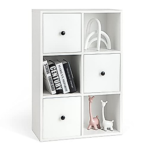 Giantex 6-Cube Bookcase with Drawers, 3-Tier Freestanding Wooden Bookshelf with Anti-toppling Device, Wood Cube Storage Organizer for Kids Room, Living Room, Study, Bedroom, White