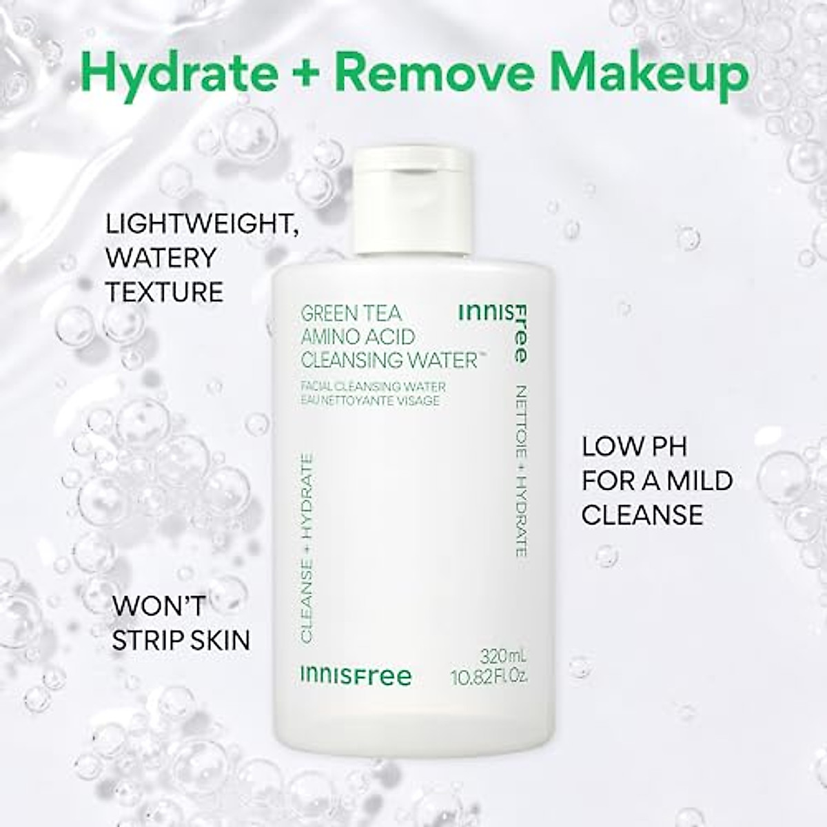 innisfree Green Tea Amino Acid Cleansing Water, Hydrating Micellar Water, Korean Skincare Makeup Remover, Dermatologist Tested (Packaging May Vary)