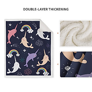 Jekeno Narwhal Sherpa Blanket Soft Lightweight Durable Cozy Bed Couch Cartoon Throw Blanket Boys Girls Children Gift 50"x60"