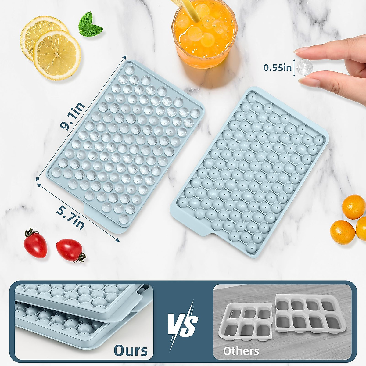 WIBIMEN Mini Ice Cube Trays, Upgraded Small Ice Cube Trays Easy Release, 104x4 PCS Tiny Ice Cube Tray Crushed Ice Tray for Chilling Drinks Coffee Juice(4Pack Blue Ice trays & Ice Bin & Ice Scoop)