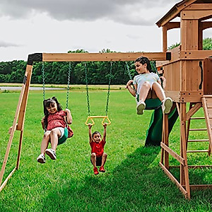 Backyard Discovery Sterling Point All Cedar Wooden Swing Set, Raised Clubhouse,Web Swing, Climbing Wall, 10ft Wave Slide, 2 Belt Swings, Front Porch, Bridge