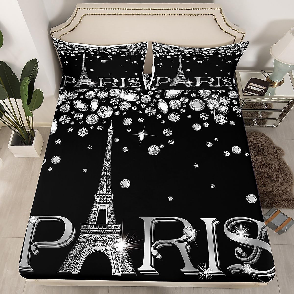 Eiffel Tower Sheet Set Full Size,Romantic Paris Tower Bed Sheets for Teens Adult,Gradient Diamond Bedding Set,Black White Sparkles Sequins Valentines Fitted Sheet + Top Sheet + 2 Pillow Shams