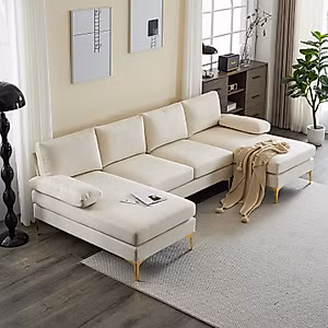 Artisasset Sectional Sofa Couch U-Shape 110" Sectional Sofa Linen Fabric Sofa Set with Double Chaise for Living Room, Studio, Office, Apartment, Beige