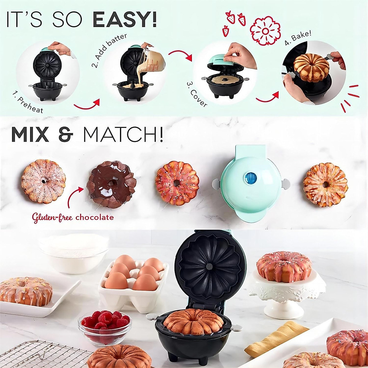 Cake Maker Lava Cake Maker Mini Donut Maker Waffle Maker Pancakes Maker Machine for Breakfast, Snacks, Desserts Non-stick Surface, Cake Machine, Double-sided Heating, Azure