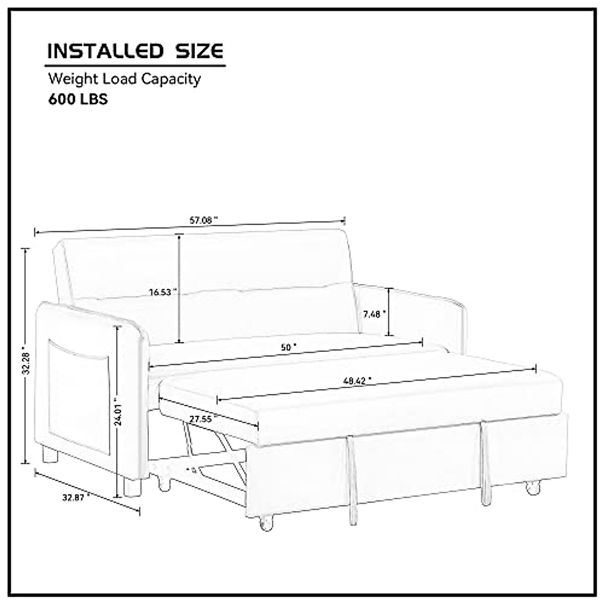 Caroun 57" Pull Out Sleep Sofa Bed Sofa Sleeper 2-in-1 Adjustable Sleeper with Premium Twin Size Mattress Pad Sleeper Sofa Bed Suitable for Livingroom Bedroom Beige(Beige G)