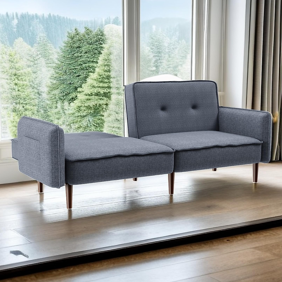 OTRIEK 75" Convertible Futon Sofa Bed with 2 Pillows and Storage Pockets, Modern Upholstered Couch Sleeper Sofa Folding Lounge for Living Room Small Space Apartment (Grey)