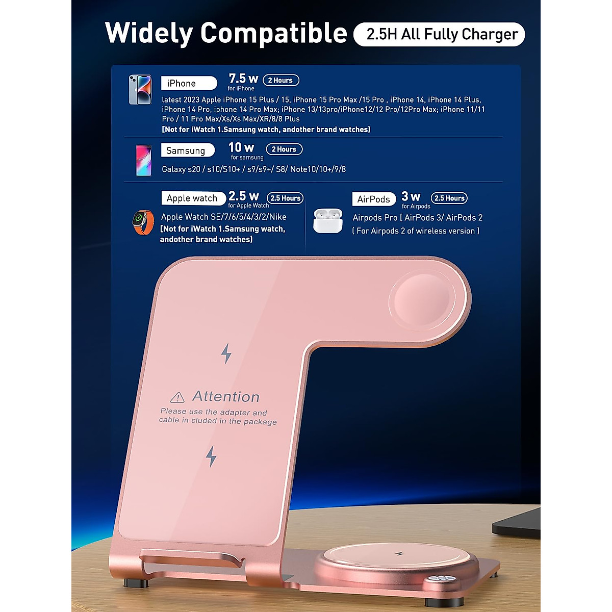 Malfsaier 3 in 1 Charging Station Pink,Aluminum Alloy Multiple Fast Wireless Charger Stand for iPhone 15/14/13/12/11/Pro/Max/XS/XR/X/8/Plus, for Apple Watch 7/6/5/4/3/2/SE, for AirPods 3/2/Pro