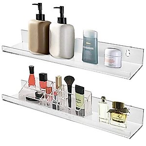 My Charity Boxes 15" Floating Wall Mounting Bookshelf for Kids Room;Clear Acrylic Bathroom Shelves Cosmetics Organizer, Spice Rack or Wall Décor Display (2 Pack)