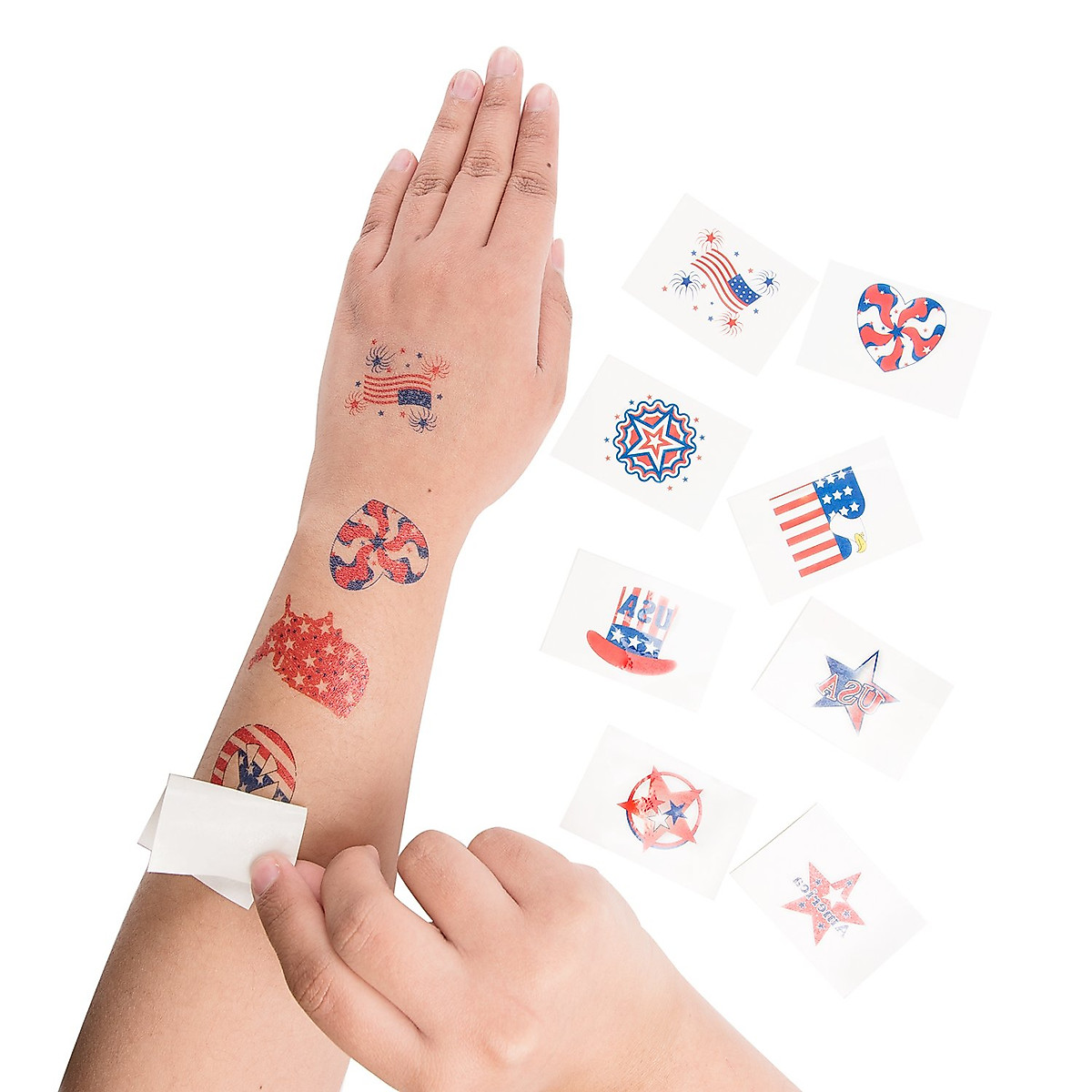 1.5" Patriotic American Flag Colorful Theme Washable Temporary Tattoos for Children & Adults, Face Art, Mini Stick Peel On & Off (144 Pieces)