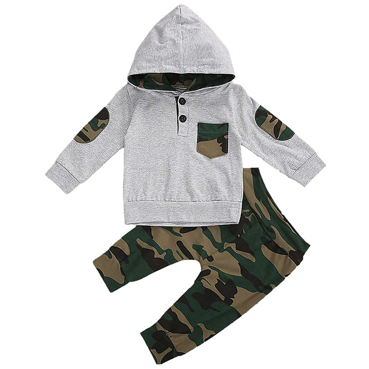 Infant Toddler Baby Camo Hoodie Set Boy Fall Camouflage Pullover Hoodies Sweatshirt Long Pants Outfit Clothes (Grey,18-24 Months)