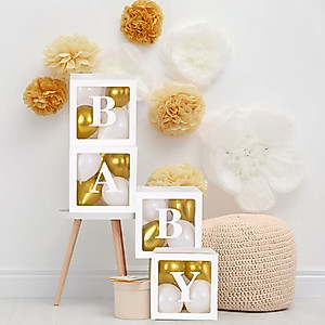 JOYYPOP Baby Boxes with Letters for Baby Shower, 4 Transparent Balloon Boxes with 16 Letters for Boys & Girls Birthday, Gender Reveal Decorations and Wedding Party(White)