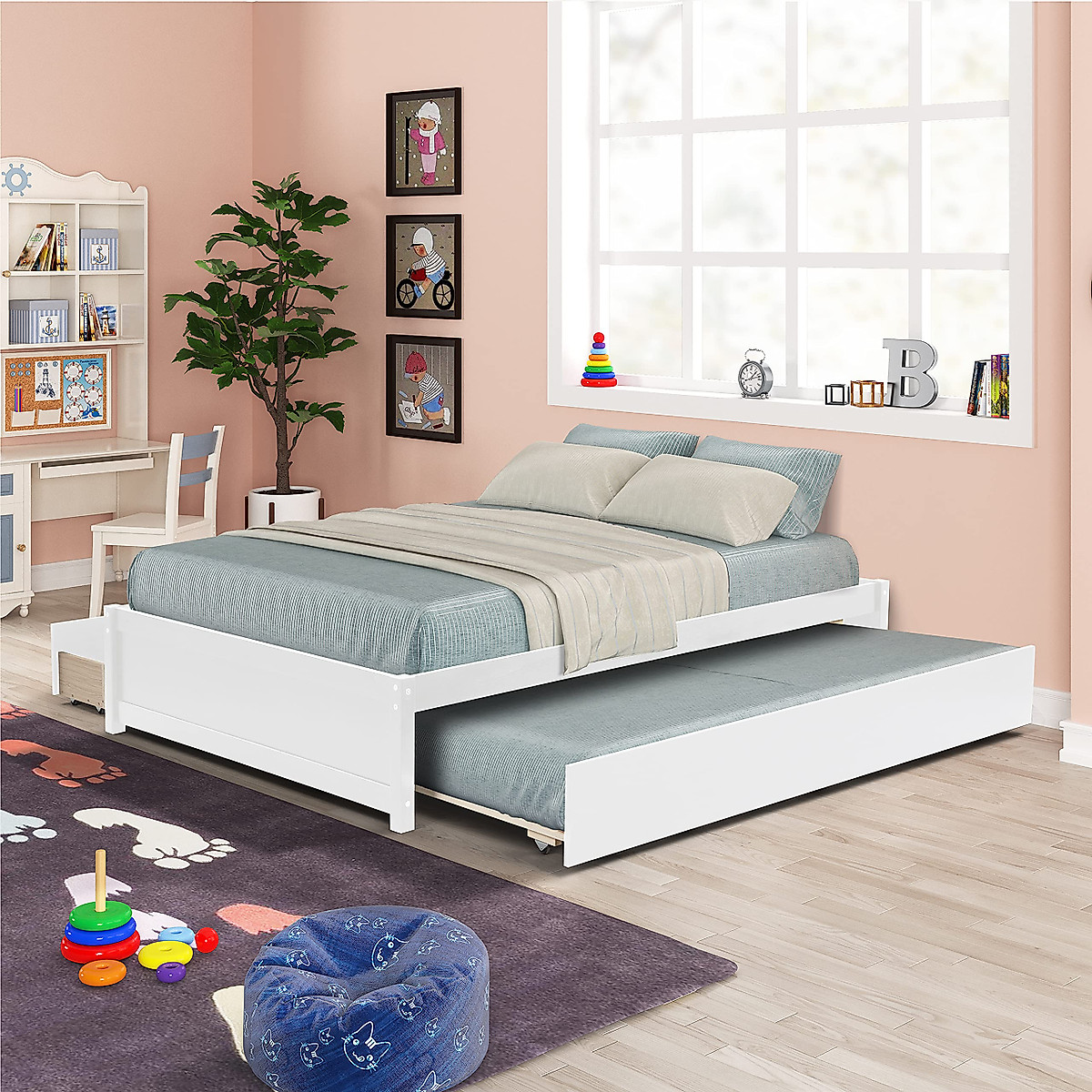 CITYLIGHT Full Bed with Trundle and Storage, Wood Platform Frame Full Bed with Trundle and Drawers, Space-Saving Full Bed for Kids, Boys, Girls, Teens, White