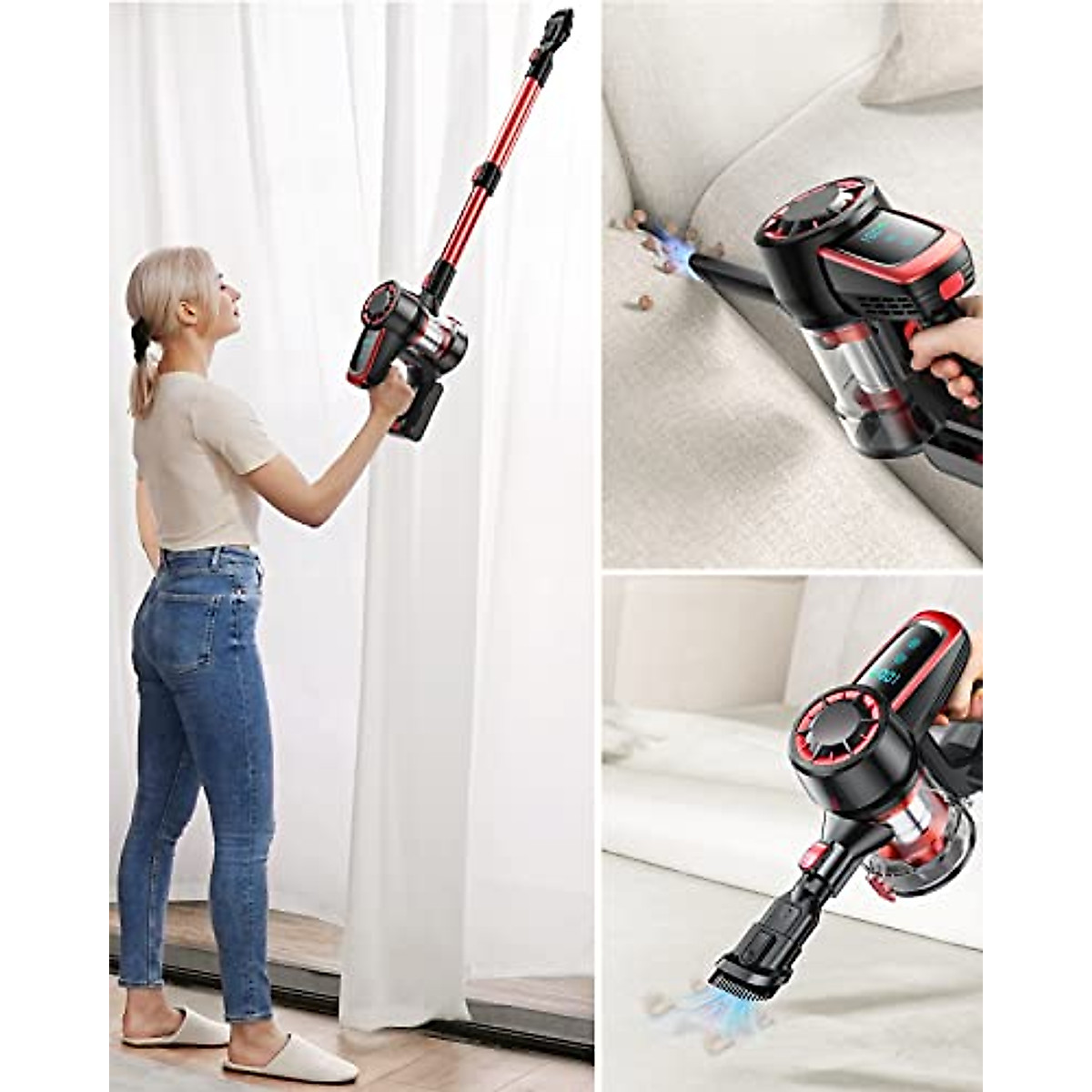 Cordless Vacuum Cleaner, WLUPLE Stick Vacuum Cleaner with 30KPA Powerful Suction, 400W Lightweight Handheld Vacuum with LED Display for Hardwood Floor Carpet Pet Car Cleaning (Hero 8)