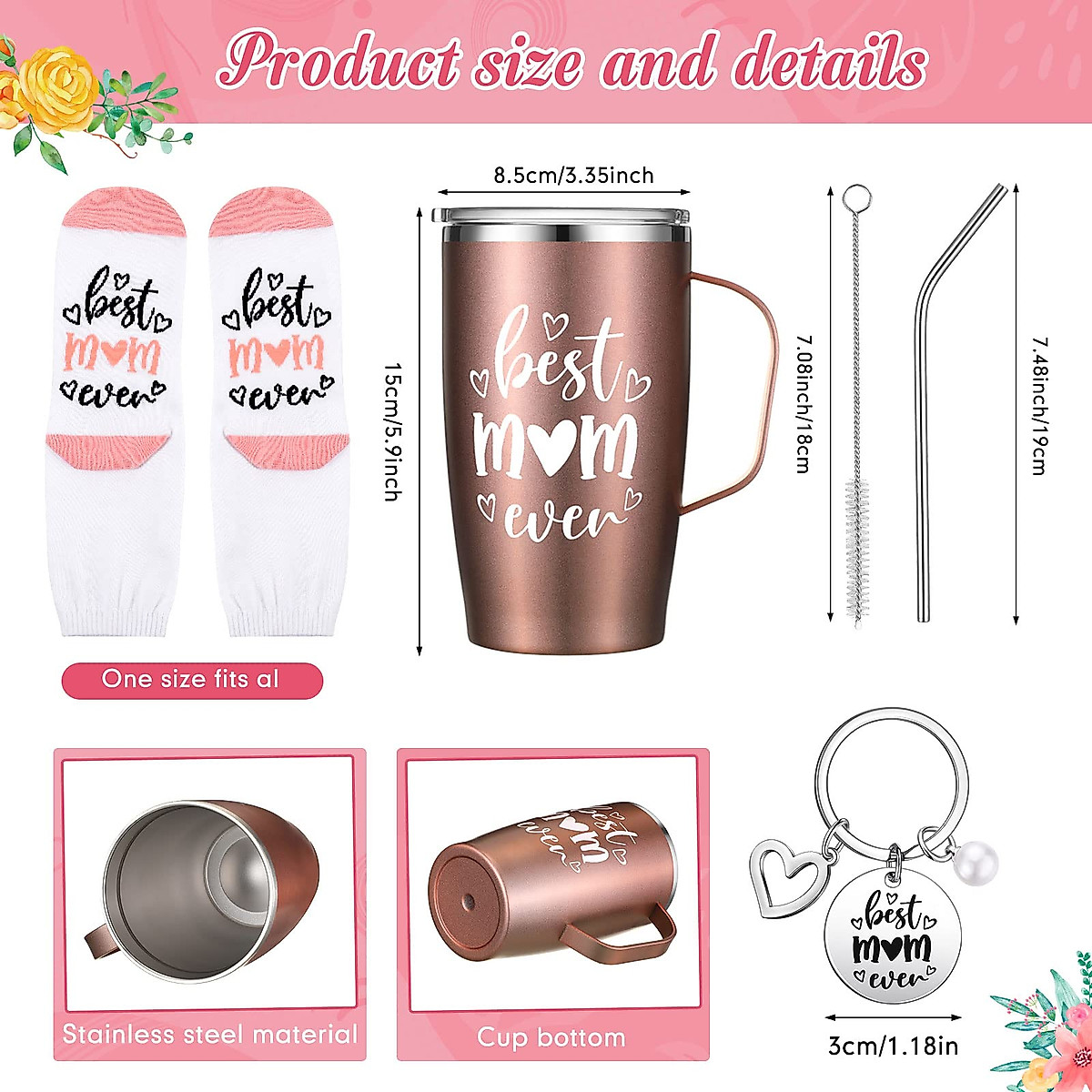 Roshtia Christmas Gifts Set for Women, Best Mom Ever Mom Tumbler 16 oz Keychain Socks from Daughter Son, Mother's Day Birthday Thanksgiving Gifts for Mom, New Mom, Mommy (Rose Gold)