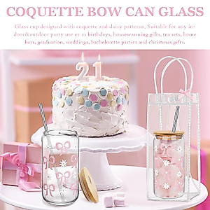 Coquette Bow Aesthetic Cup with Clear Gift Bag, Glass Cups with Lids and Straws, 16 oz Iced Coffee Smoothie, Beer Glass Cup Tumbler Trendy Glass Cup for Girls Bestfriend Sister Girlfriend (Pink Bow)