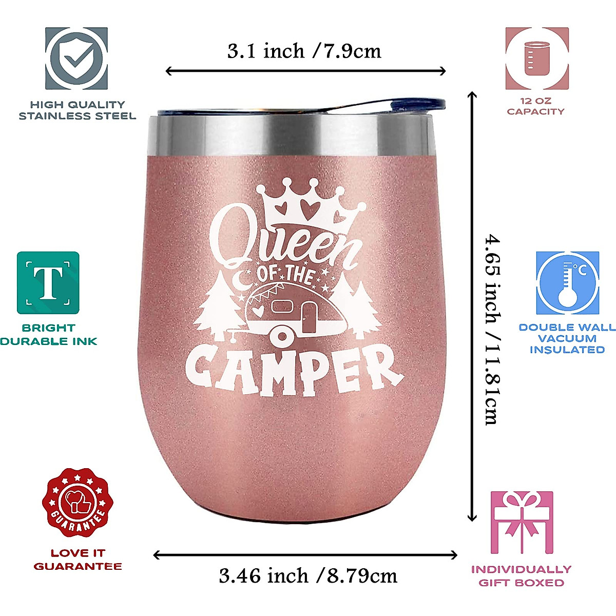 Joyloce Queen Of The Camper Wine Tumbler Camping Coffee Mug Cup Women Camper Stemless Tumblers With Lid Stainless Steel Insulated Vacuum 12 Oz RV Gifts For Campers Outdoors Hiking