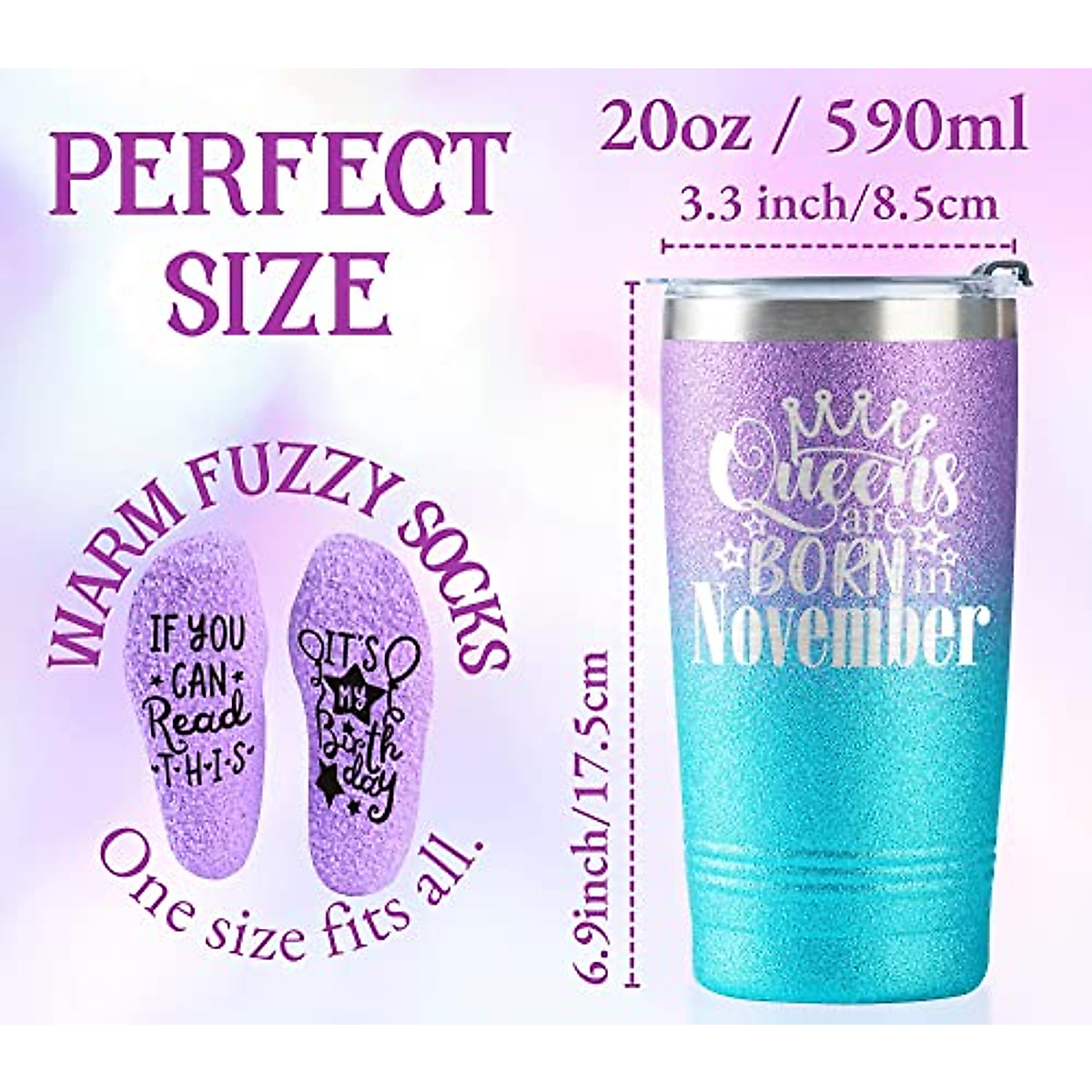 Onebttl Birthday Gifts for Women, Happy Birthday Tumbler for Her, Friends, 20 oz Insulated Cup with Funny Socks, Glitter Purple, Queens are Born in October