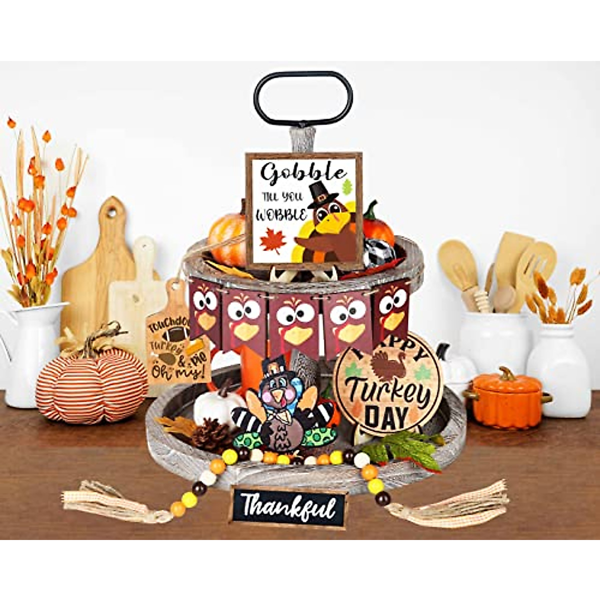11Pcs Thanksgiving Turkey Tray Decor Fall Decorations Gobble Till You Wobble Thankful Wooden Signs and Thanksgiving Bead Garland Farmhouse Rustic Tiered Tray Decor for Home Table