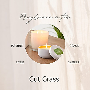 Field + Fleur by Hillhouse Naturals Cut Grass 2 Wick Woven Glass Candle Clover and Green Grass, This Fragrance finishes with Fresh-Cut Wisteria and jasmine-100% Soy Wax Blend Burn time 75+ Hours
